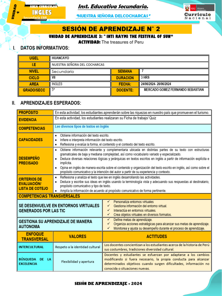 5° SES ACT 02-INGLES-U4. Treasures of Peru | PDF | Aprendizaje | Evaluación