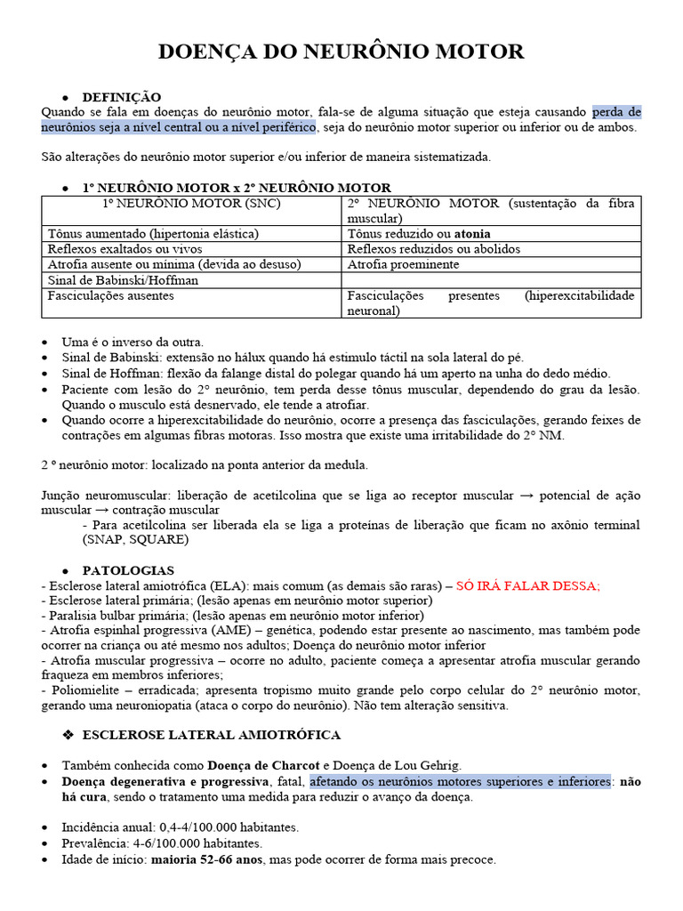 Doença do Neurônio Motor: ELA e Sintomas | PDF | Neurônio motor | Nervo
