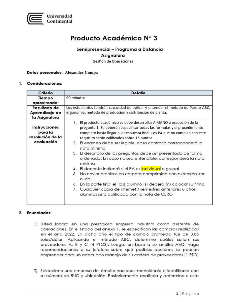 PA3 Gestion de Operaciones | PDF
