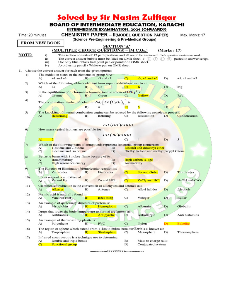 Model Paper XII Chem 2024 (Solved by Sir Nasim Zulfiqar) - 1 | PDF ...