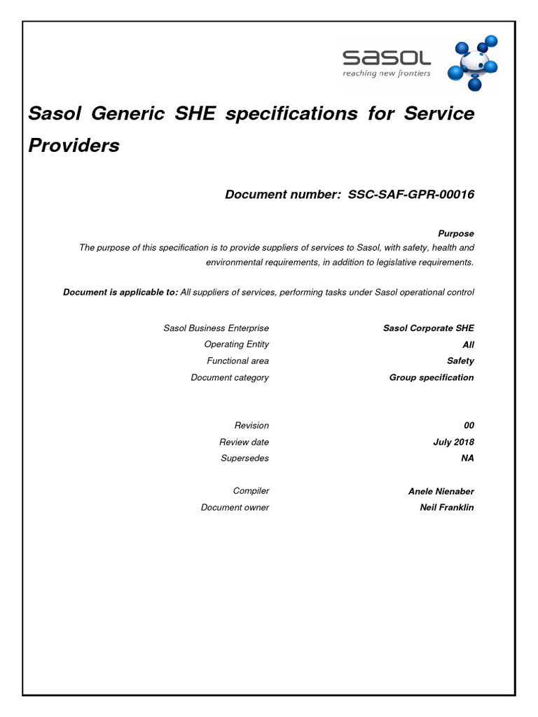 Sasol SHE Specifications for Service Providers | PDF | Driving Under ...