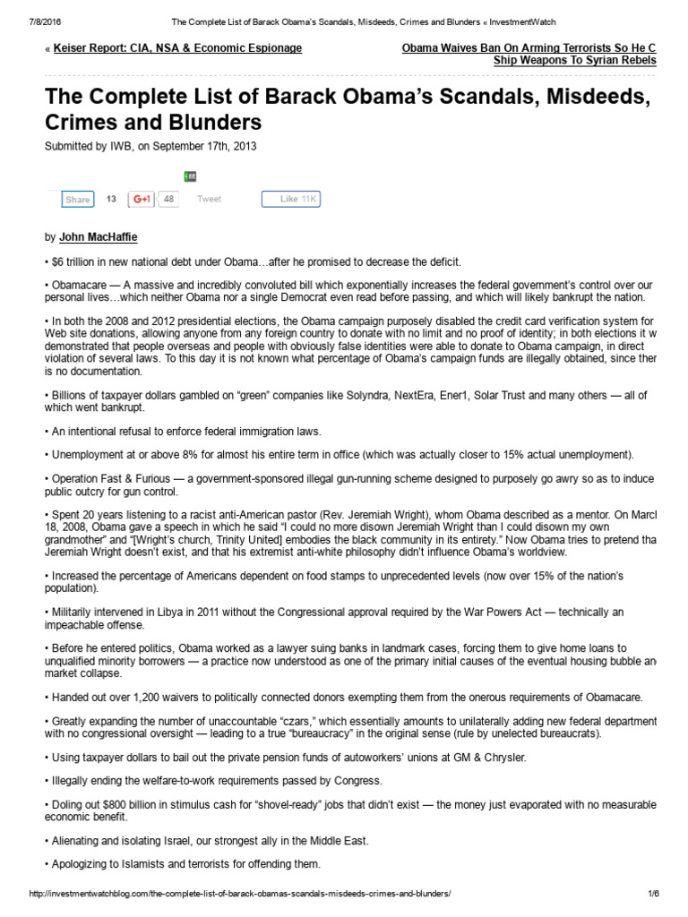 The Complete List of Barack Obama's Scandals, Misdeeds, Crimes and ...