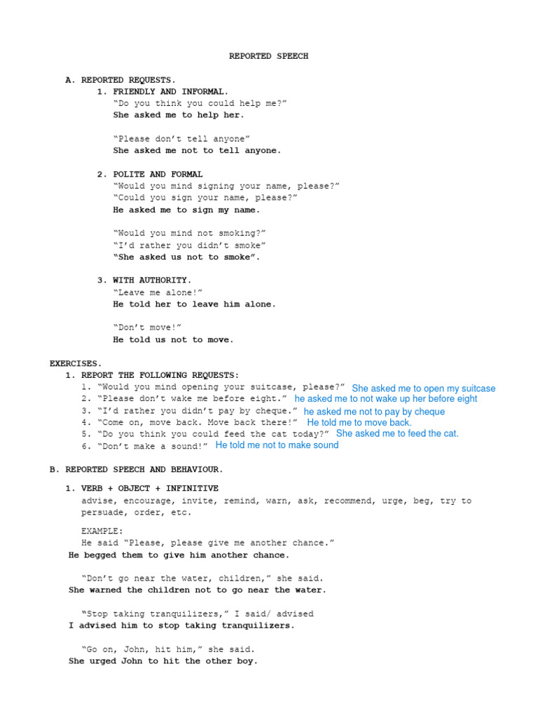 Reported Speech Worksheet PDF | PDF | Verb | Syntax
