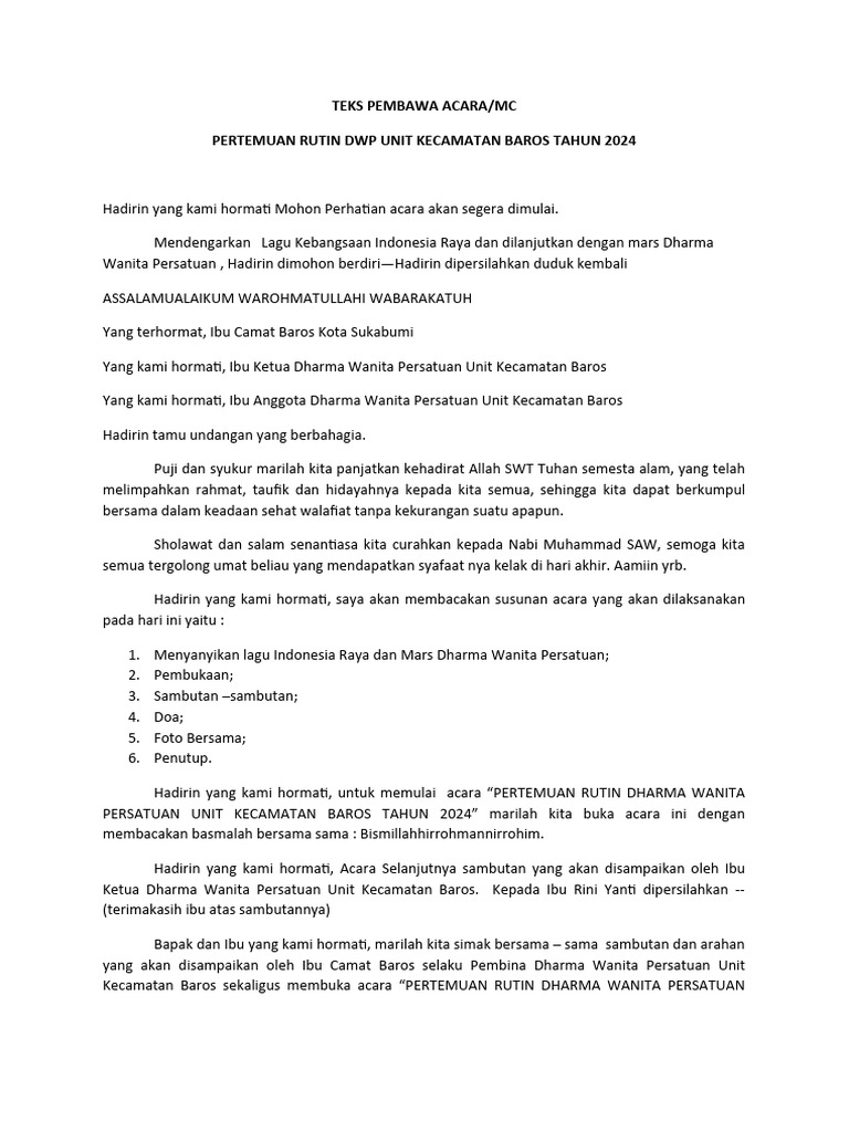 Teks MC Pertemuan Rutin DWP 2024 | PDF