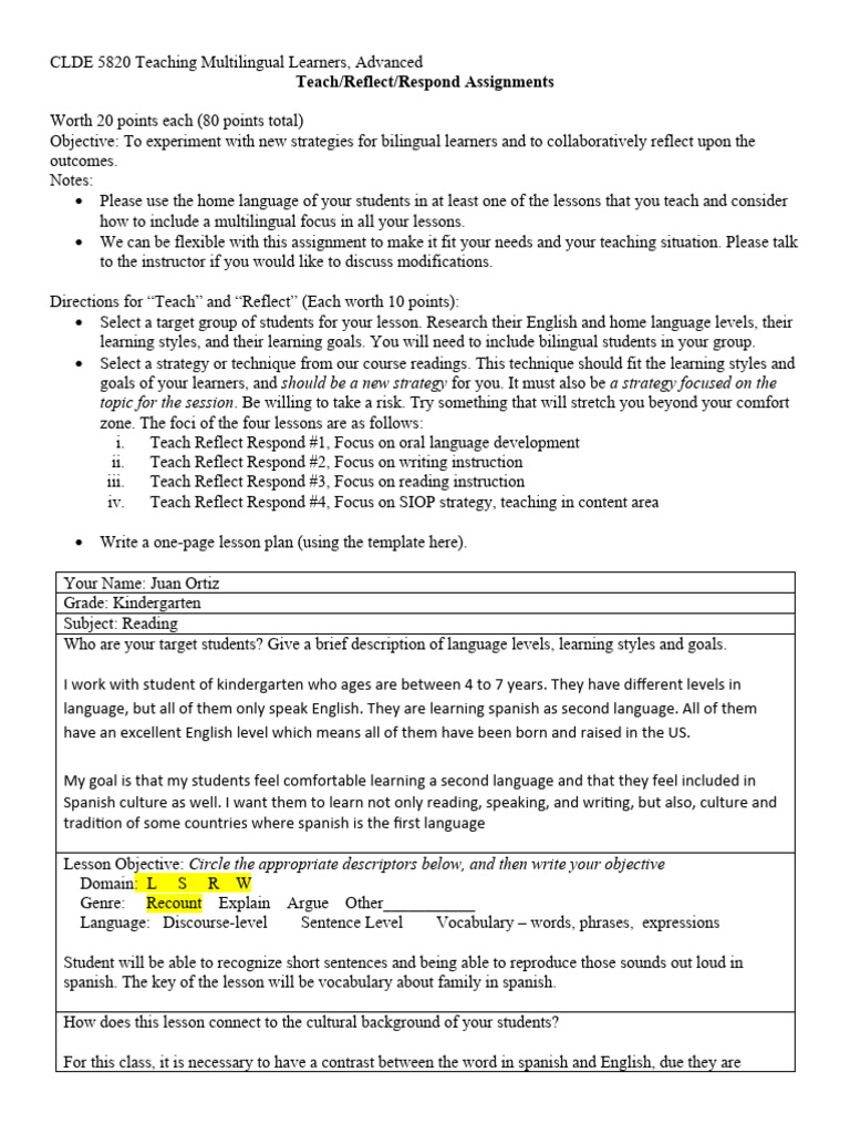TeachReflectRespond 3 | PDF | English As A Second Or Foreign Language | Lesson Plan