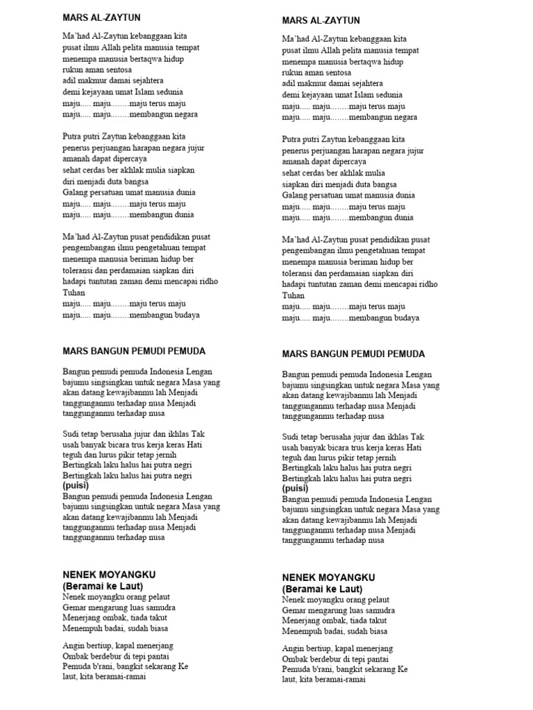 Lirik Mars Al-Zaytun dan Nenek Moyangku | PDF