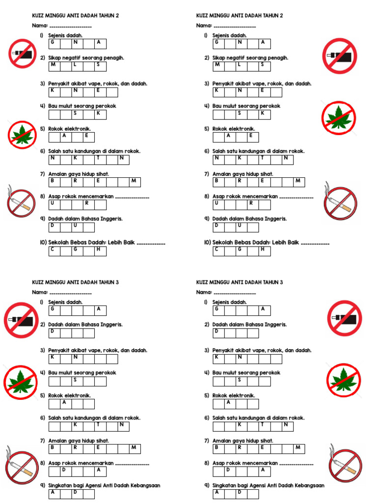 Kuiz Minggu Anti Dadah Tahap 1 | PDF