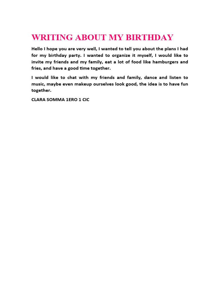 Writing About My Birthday Clara Somma 1ero 1 Cic Archivo | PDF