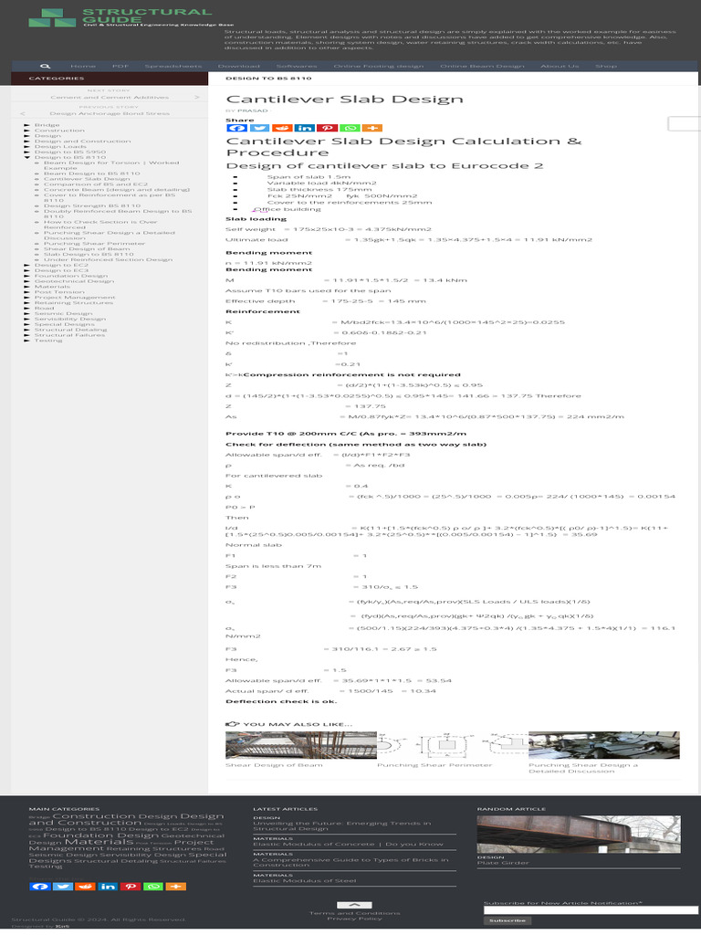 Cantilever Slab Design Calculation & Procedure - Structural Guide | PDF ...