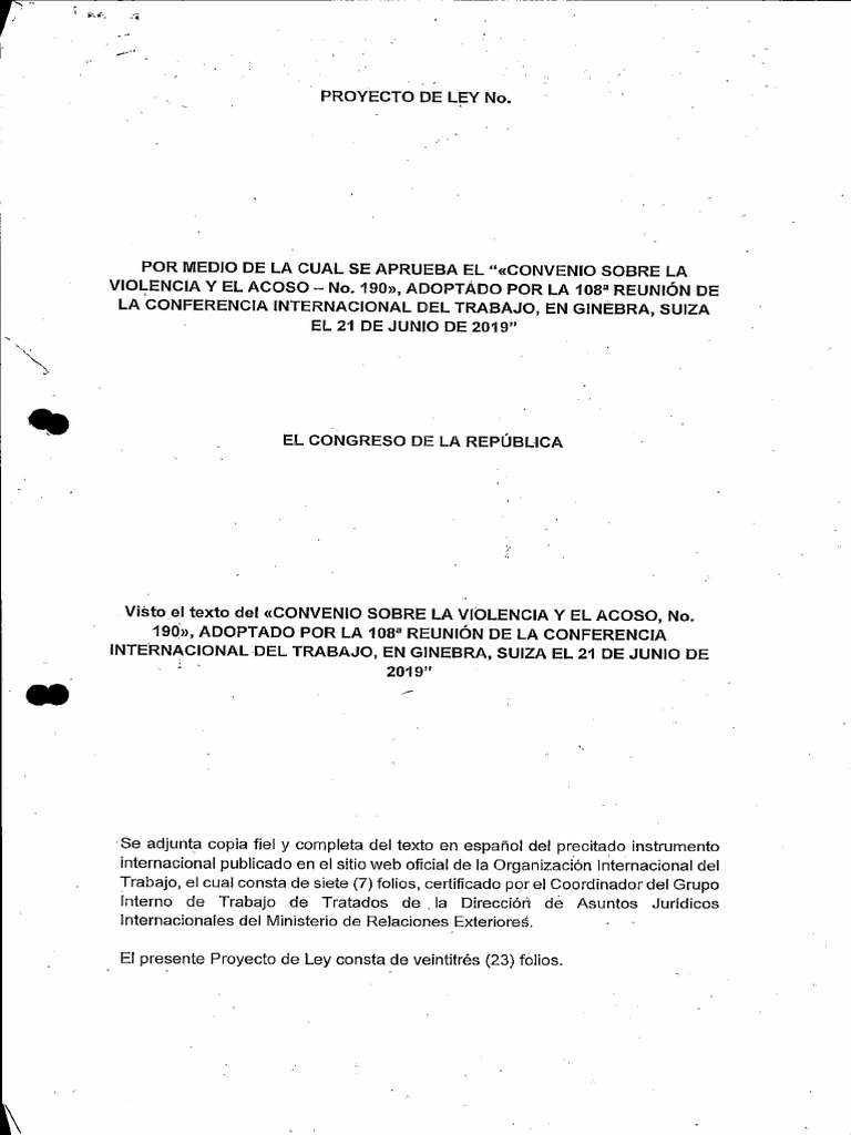 Proyecto de Ley 217 de 2024 Ratificación Del Convenio 190 de La OIT Ginebra | PDF