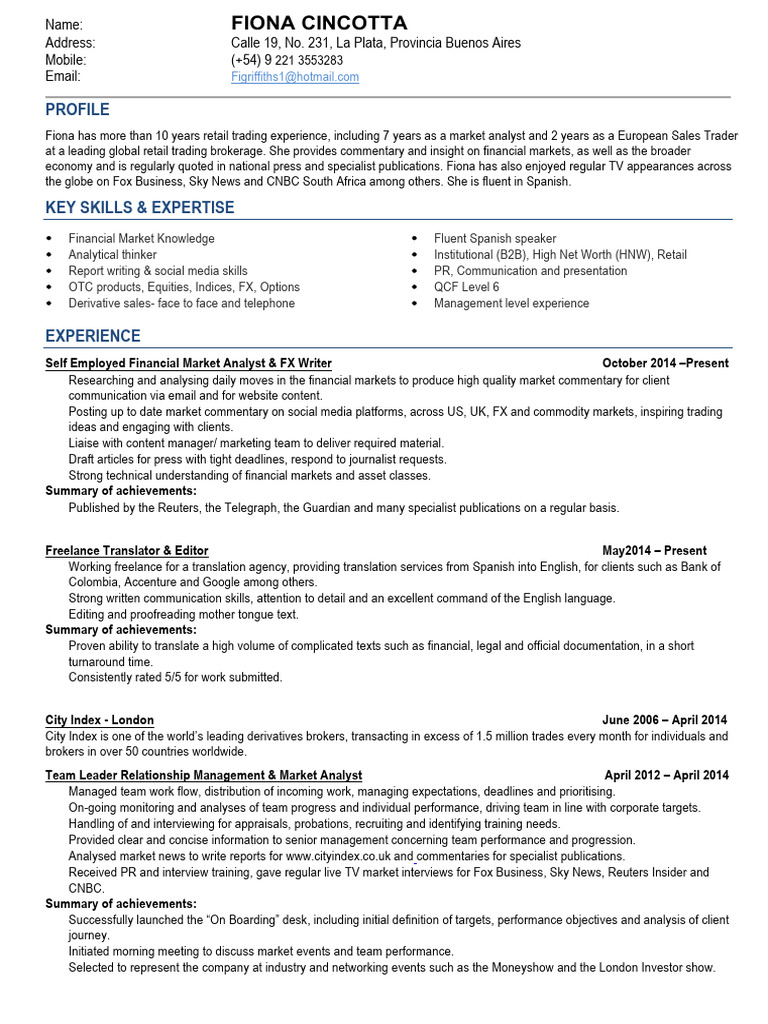 Fiona C in Cotta Extended Curriculum Vitae | PDF | Financial Analyst | Trade
