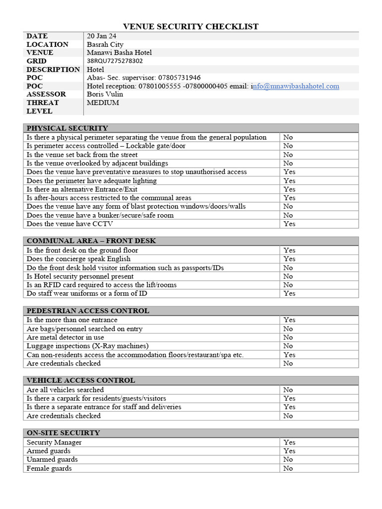 Venue Security Checklist Manawi Basha Hotel 20012024 | Download Free ...