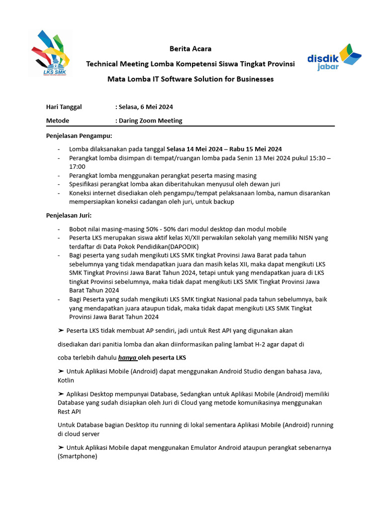 Berita Acara Technical Meeting LKSP JABAR ITSSFB | PDF
