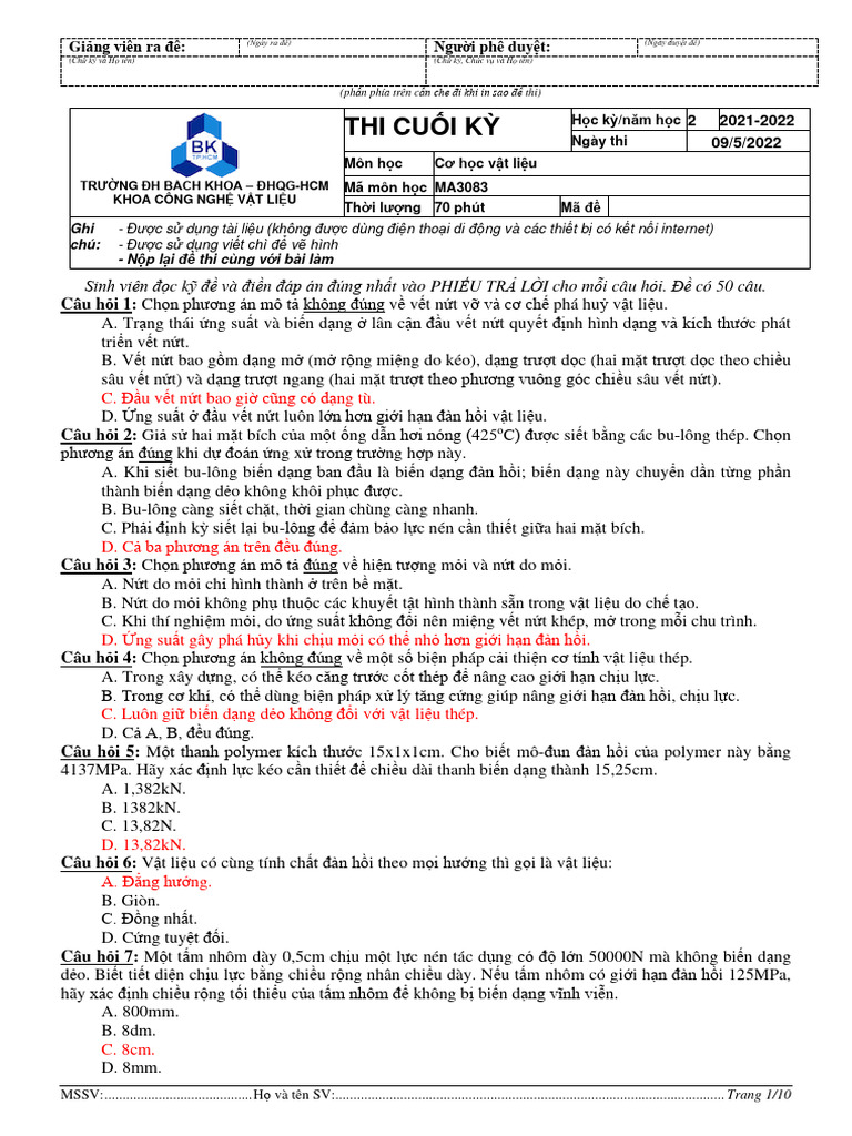 De Thi Cuoi Ky - HK212 - Dap An | PDF