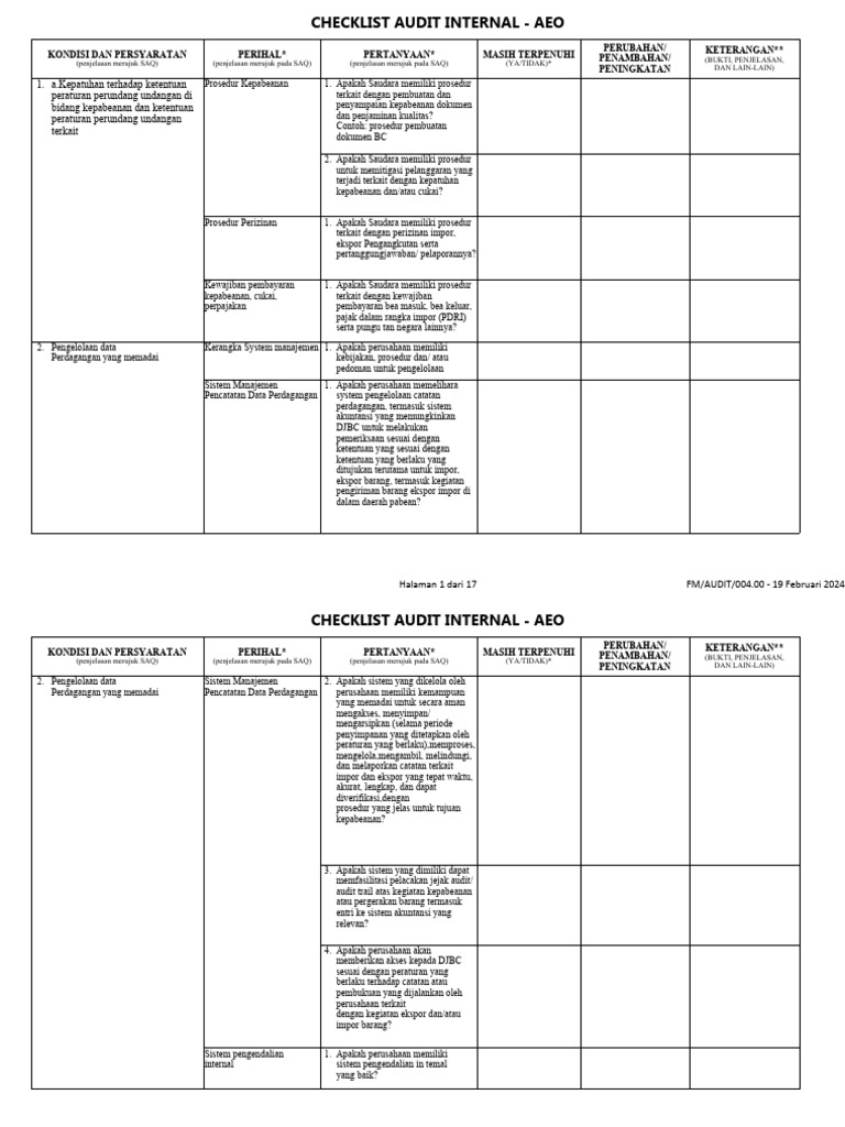 FM-AUDIT-004.00 Checklist Audit Internal - AEO | PDF