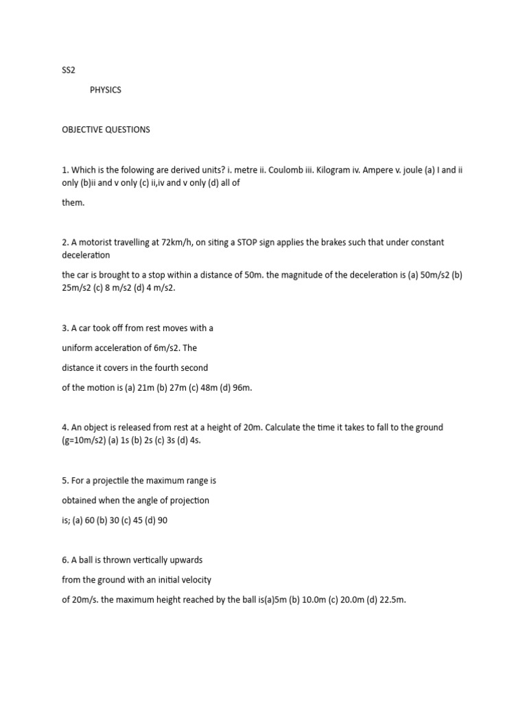ss2 Physics Exam | PDF | Acceleration | Oscillation