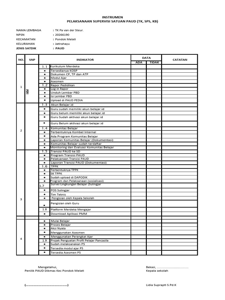 Instrumen Supervisi Paud (Ikm) | PDF