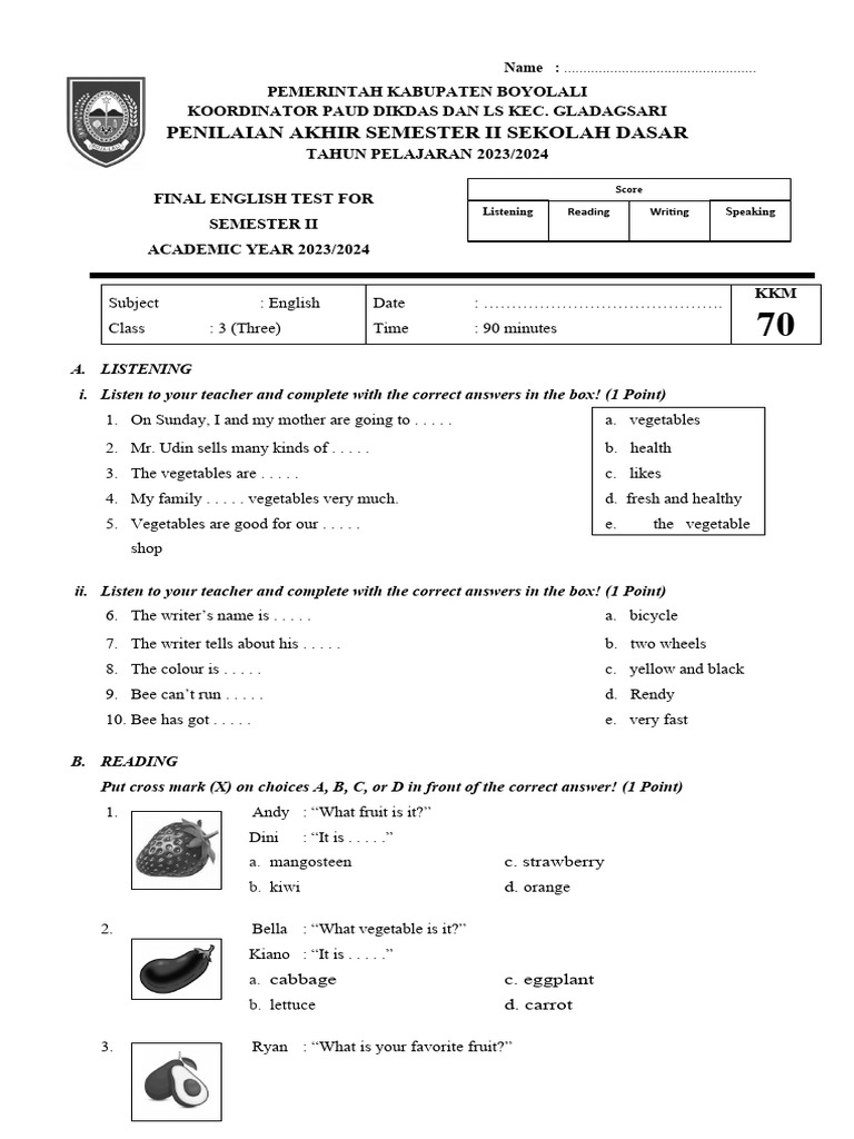 English Final Test Smt 1 2024 Grade 3 Fix Pdf Vegetables Edible