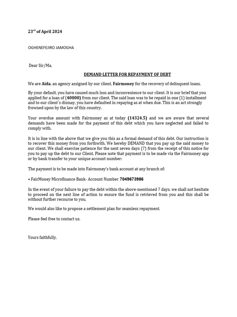 Debt Repayment Demand Letter | PDF | Finance & Money Management | Law