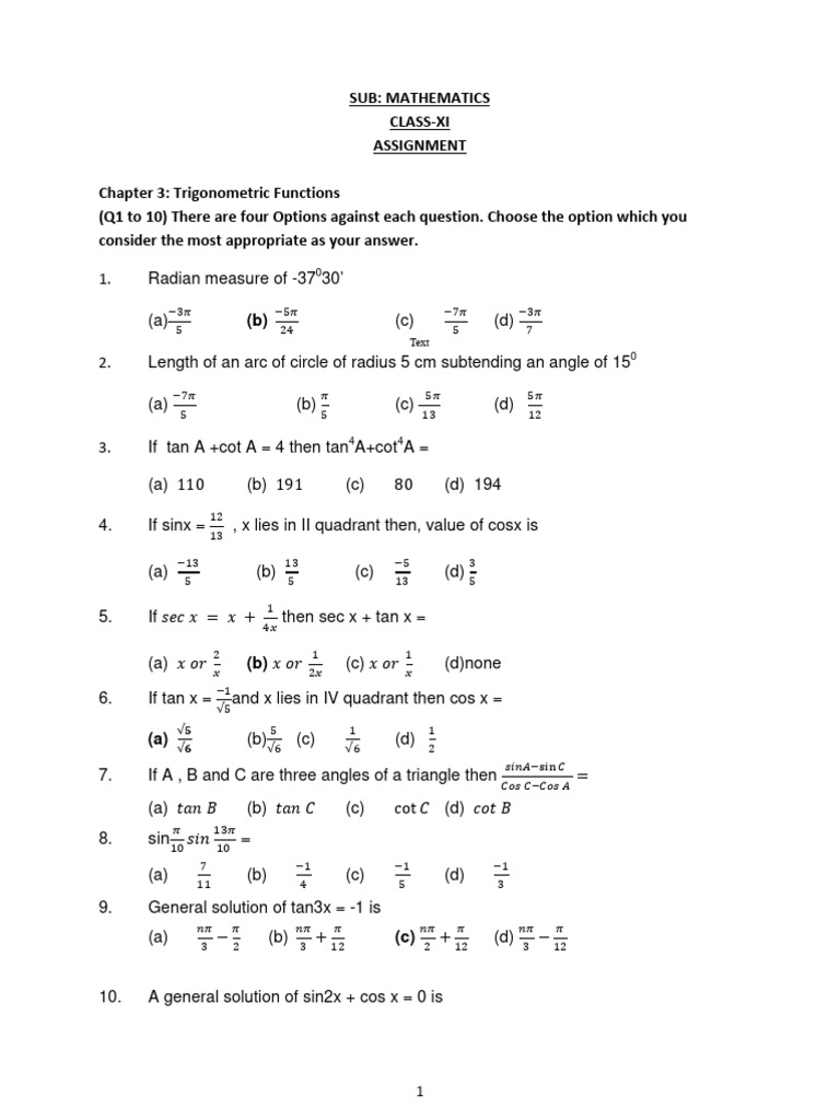 Class 11th Worksheets | PDF | Trigonometric Functions | Trigonometry
