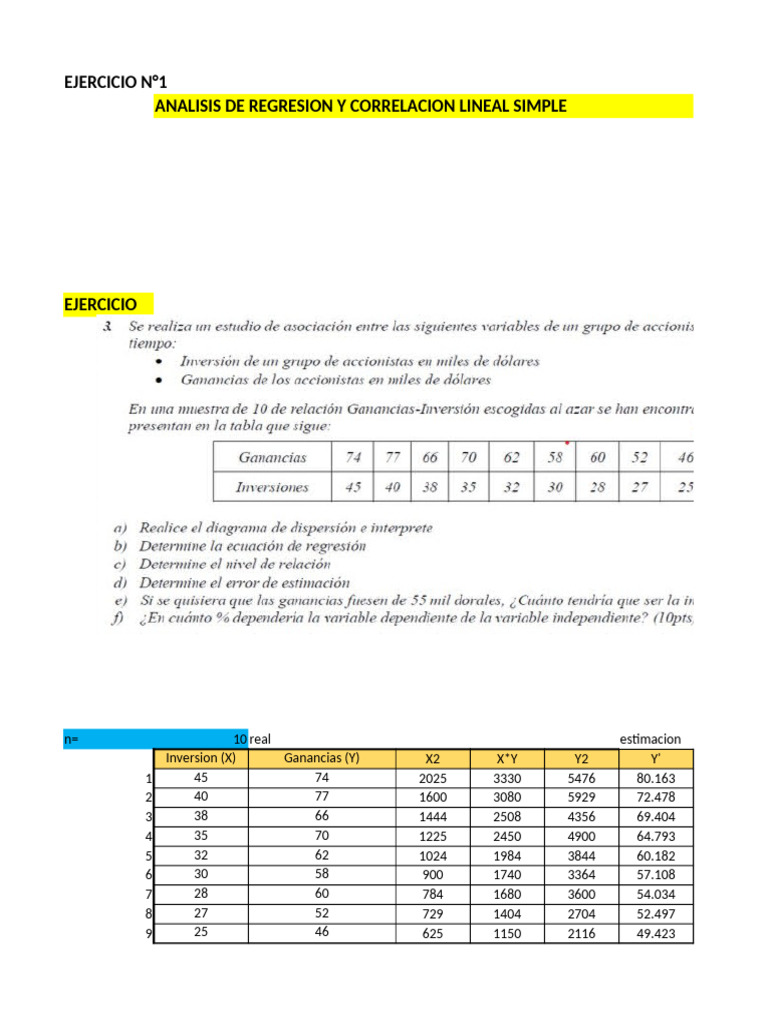 Ejercicio de Regresion y Correlacion Lineal Simple | PDF | Análisis de regresión | Análisis de ...