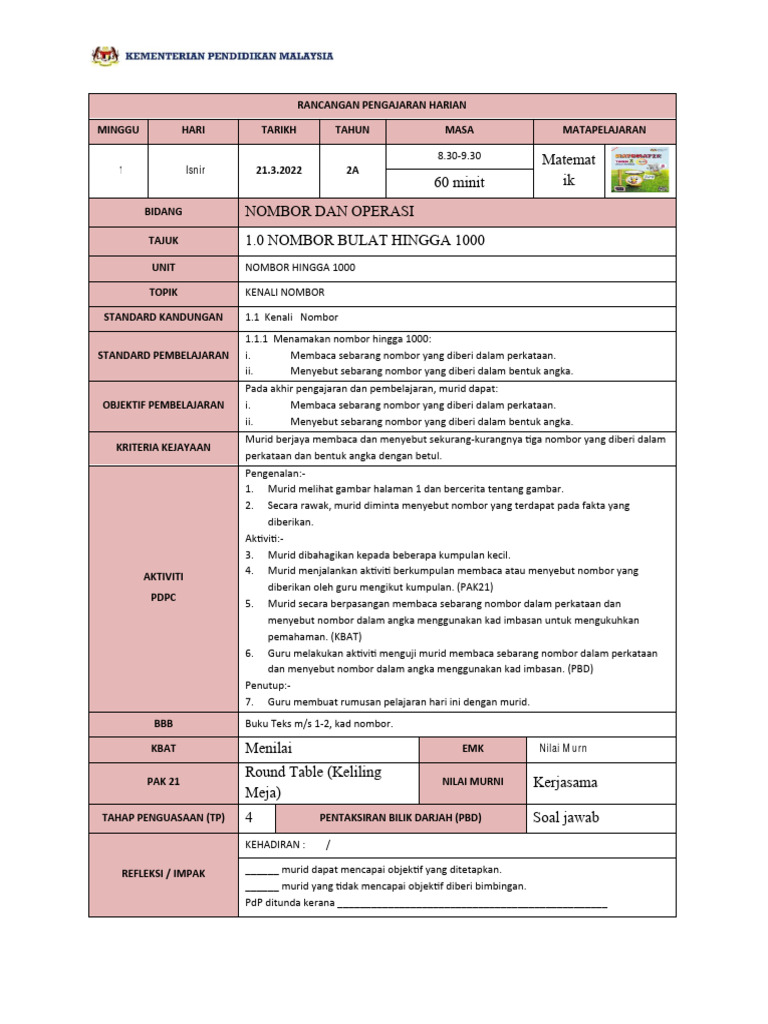 RPH MT THN 2 Tajuk 1 (m1-m6) | PDF