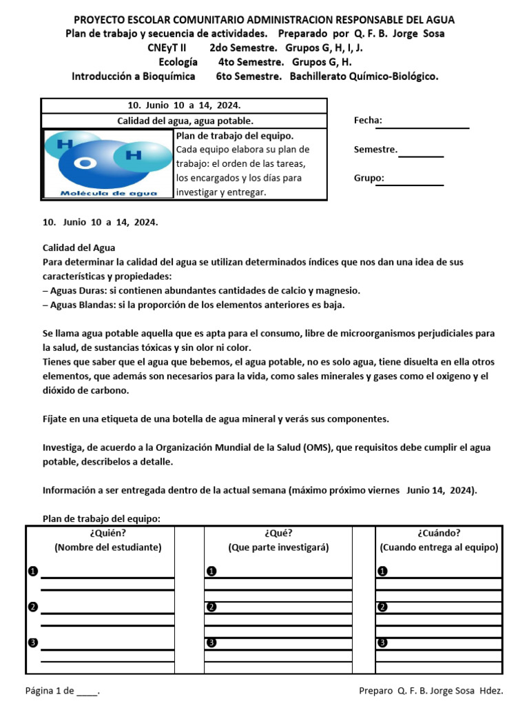 PEC Seguimiento Act 10 Calidad Del Agua, Agua Potable CNEyT II | PDF ...