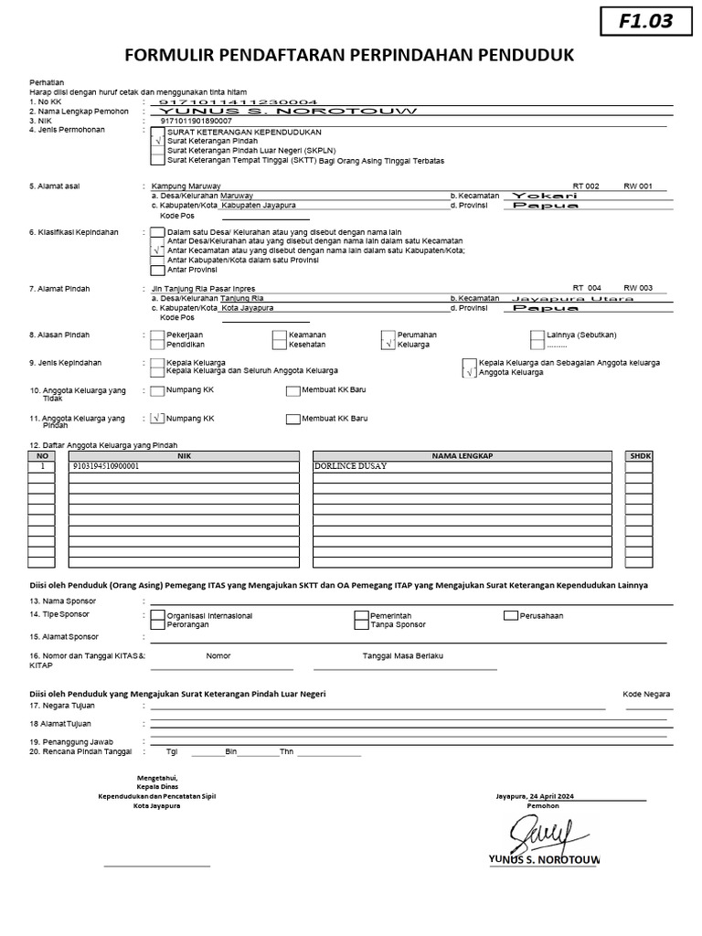 Formulir Pendaftaran Perpindahan Penduduk: SHDK Nama Lengkap NIK NO | PDF