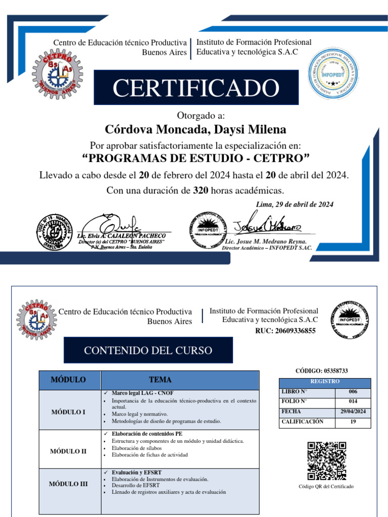 CERTIFICADO PROGRAMAS DE ESTUDIO - CETPRO - Daysi Milena-QR | PDF