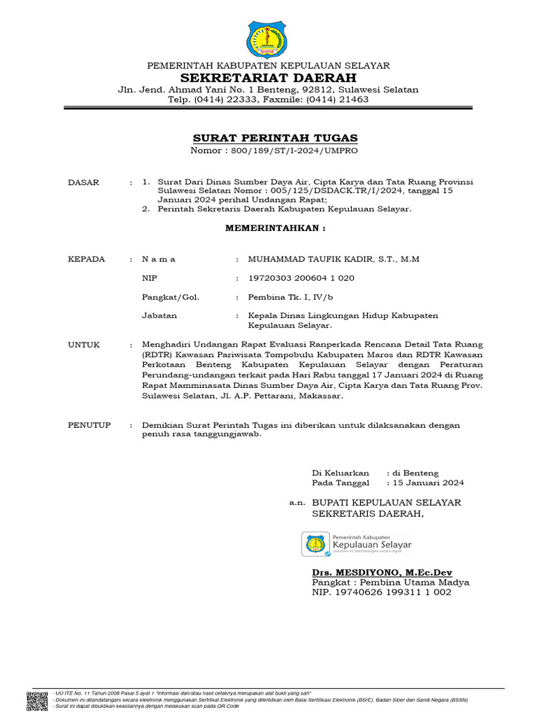 1 Surat Tugas TTD Setda Makssar 2024 Tte | PDF