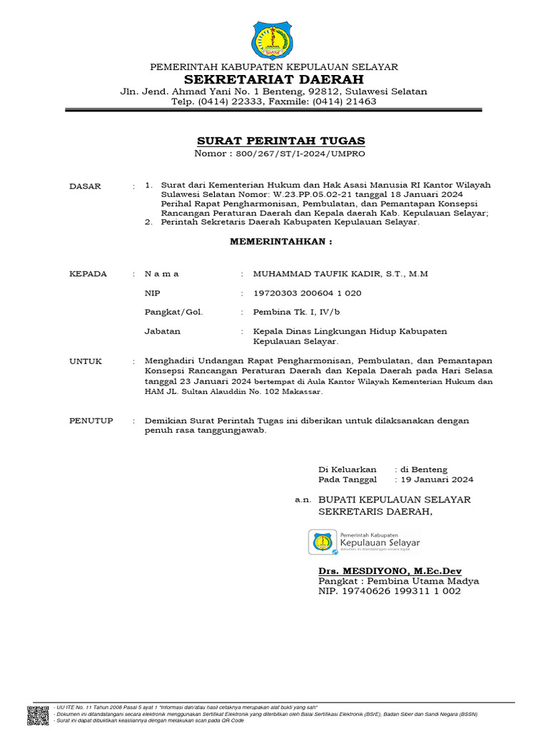 3 SURAT TUGAS TTD SETDA MAKSSAR 2024 Harmonisasi | PDF