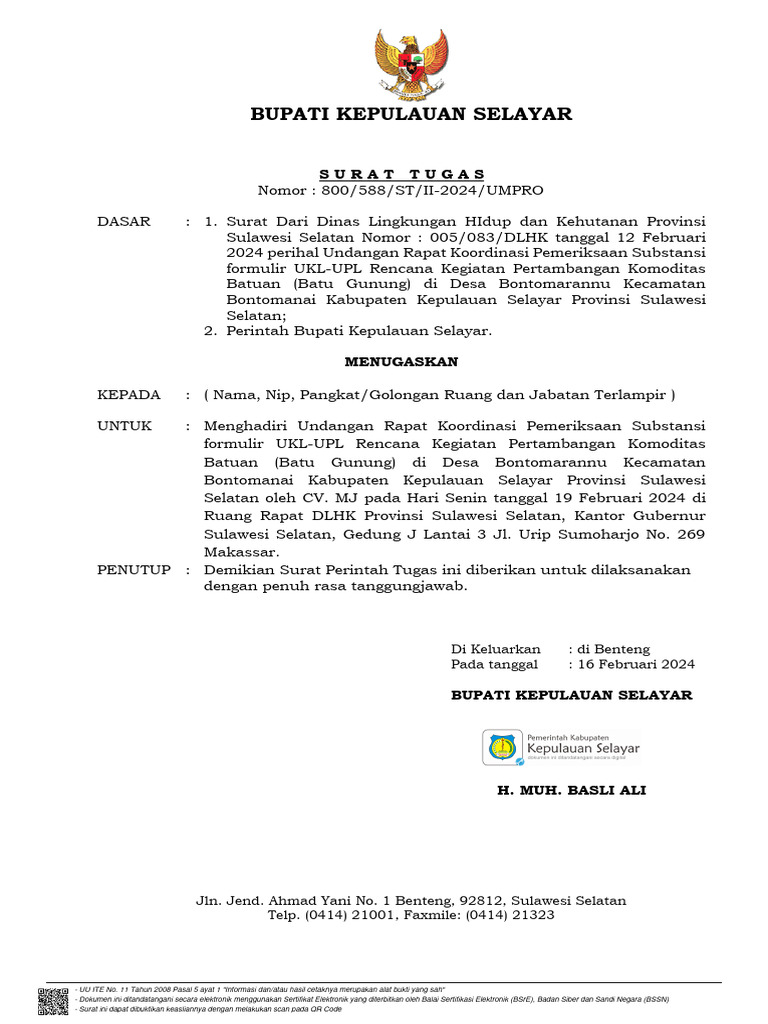 5 Surat Tugas TTD Bupati Makssar 2024 | PDF