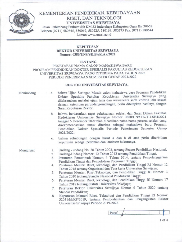 0386 Penetapan Nama Calon Maba PPDS Fak Kedokteran Unsri Yang Diterima ...