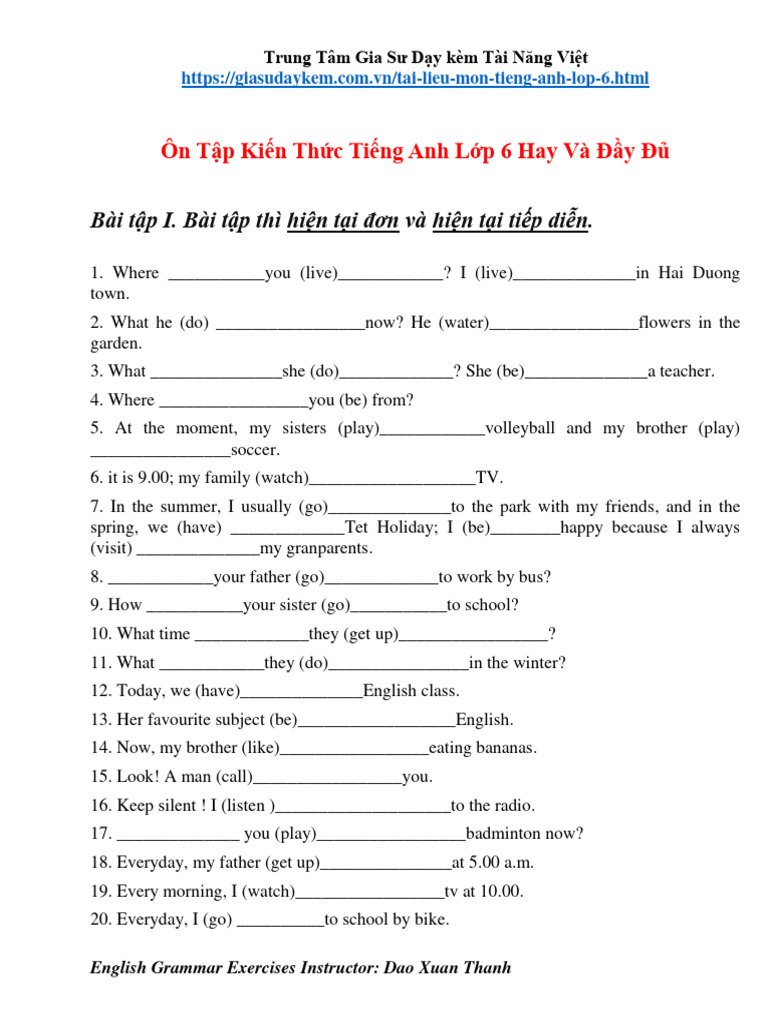 On Tap Kien Thuc Tieng Anh Lop 6 Hay Va Day Du Tong Hop Bai Tap Tieng Anh Lop 6 | PDF