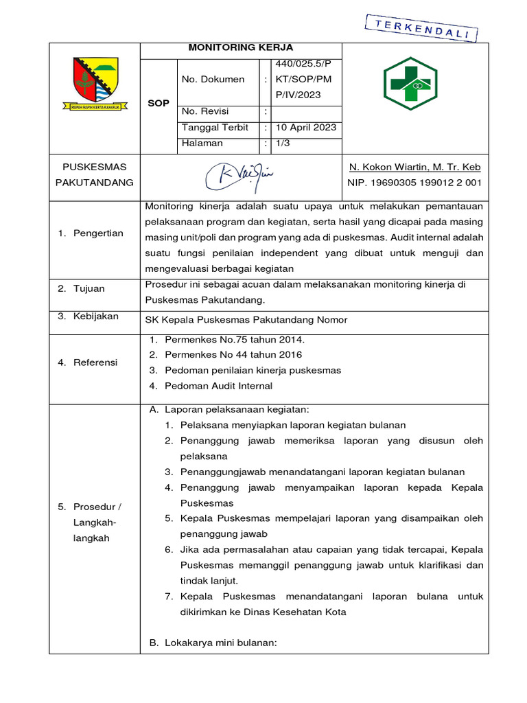 5.4.2.b Sop Monitoring Kerja | PDF | Karier & Perkembangan | Bisnis