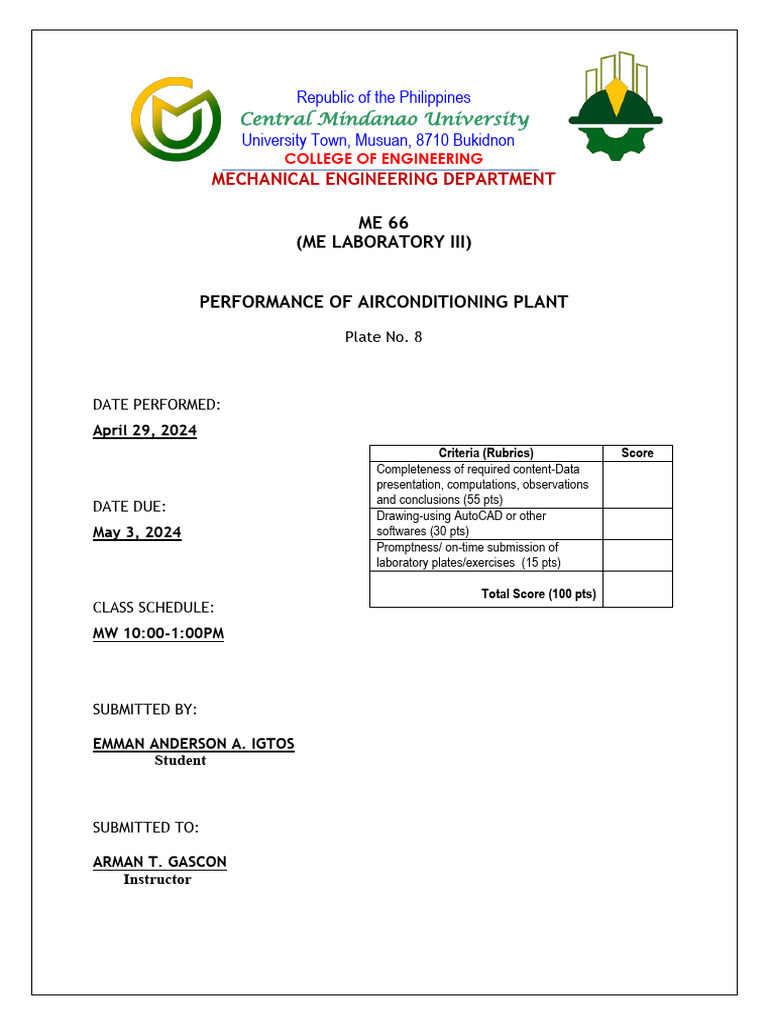 EMMAN ANDERSON IGTOS PERFORMANCE OF AIR CONDITIONING PLANT Plate 8 2nd Sem 2023 24 | PDF ...