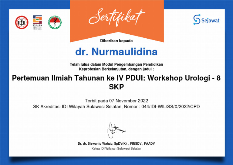Sertifikat - Pertemuan Ilmiah Tahunan Ke IV PDUI - Workshop Urologi | PDF | Karier & Perkembangan