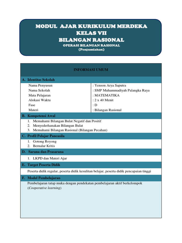 Modul Ajar - Persamaan Linear Satu Variabel | PDF Modul Ajar - Persamaan Linear Satu Variabel | PDF