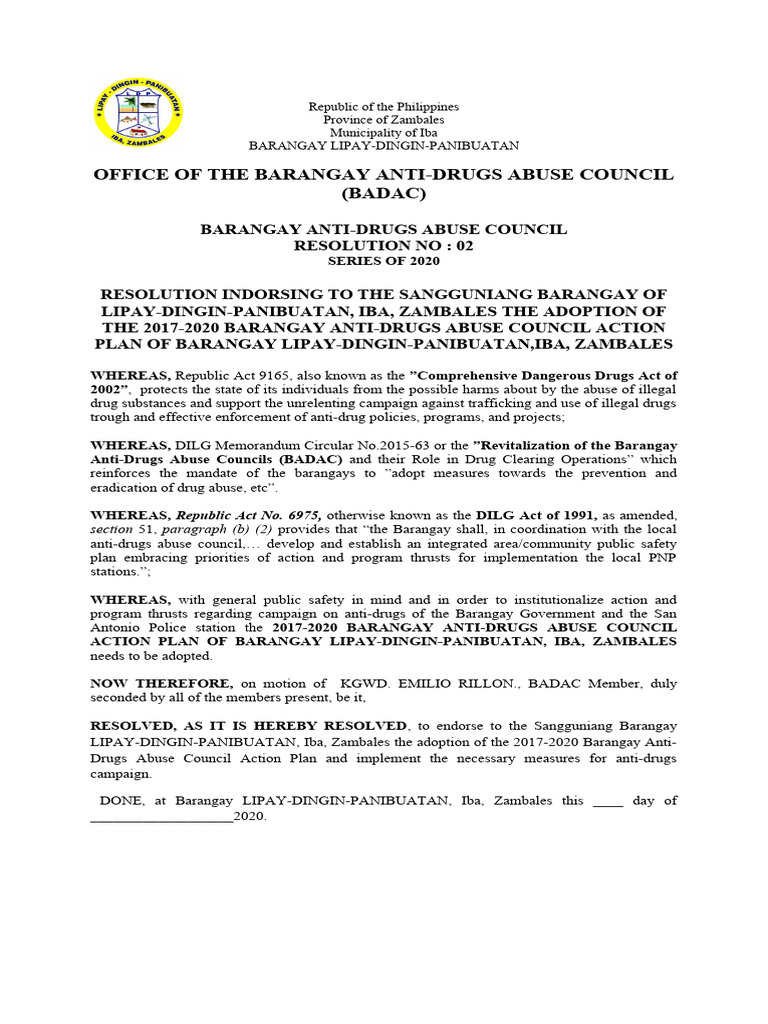 Resolution For Badac Plan 2017-19 | PDF | Substance Abuse | Government