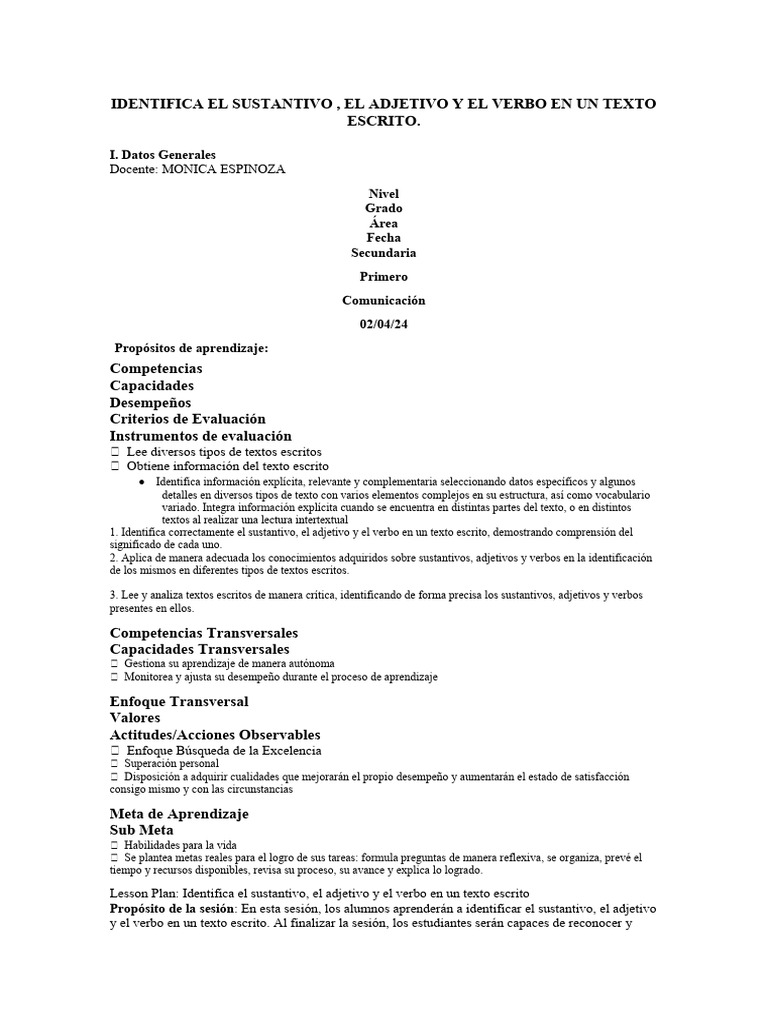 Identificación de Sustantivos, Adjetivos y Verbos | PDF | Aprendizaje ...