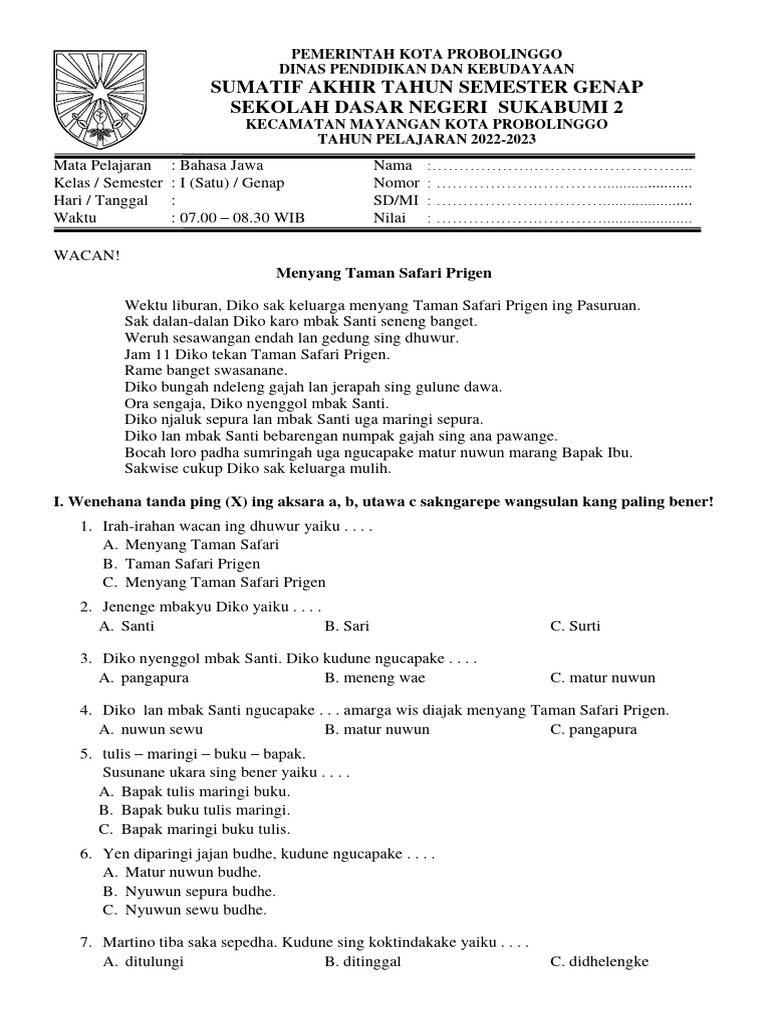 SOAL AAT BHS JAWA Genap 22-23 | PDF