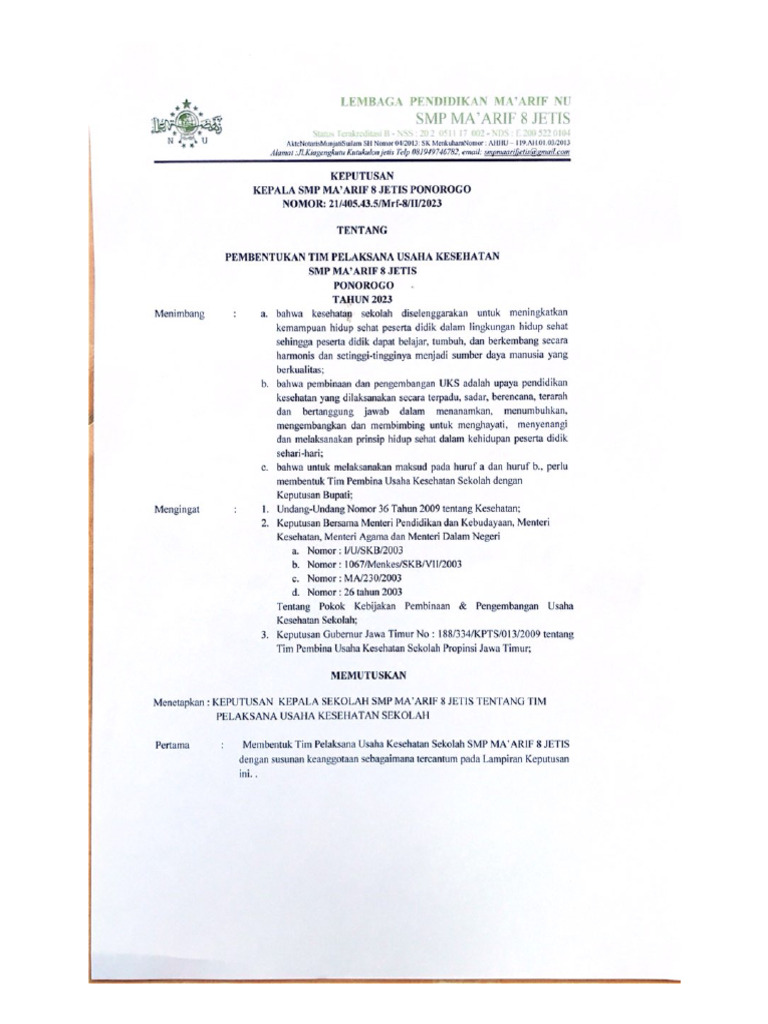 SK Pembina Tim Uks - SMP Ma'arif 8 Jetis | PDF