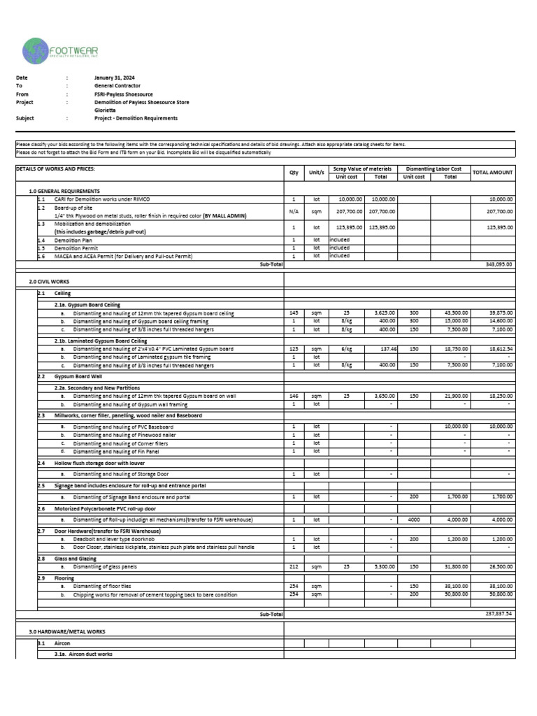 BID Requirements - BOQ For Demolition (Glorietta) | PDF | Duct (Flow) | Drywall