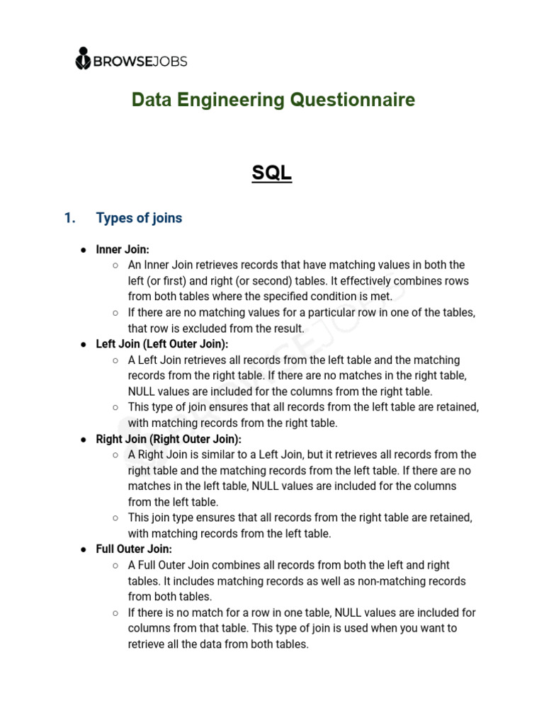 Data Engineering Questionnaire | PDF | Table (Database) | Database Index
