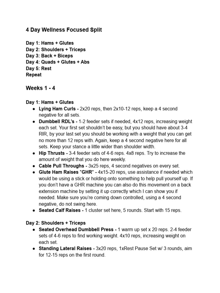 4 Day Wellness Focused Split Weeks 1 4 Pdf Musculoskeletal System 