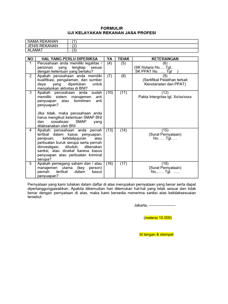 Formulir Uji Kelayakan Rekanan Jasa Profesi | PDF | Bisnis