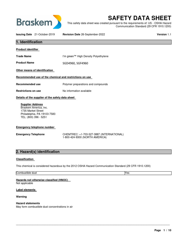 Sds I'm Green (TM) Hdpe Us en 1.0 | PDF | Toxicity | Superfund