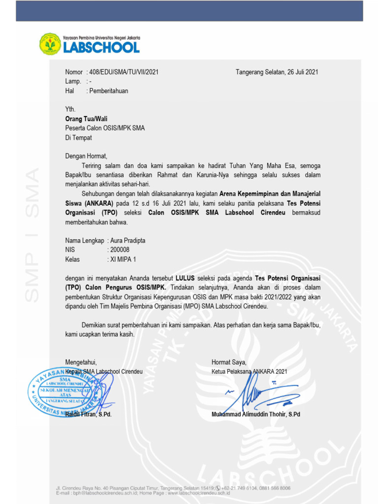 436A - Surat Pemberitahuan Peserta Lulus Seleksi TPO | PDF