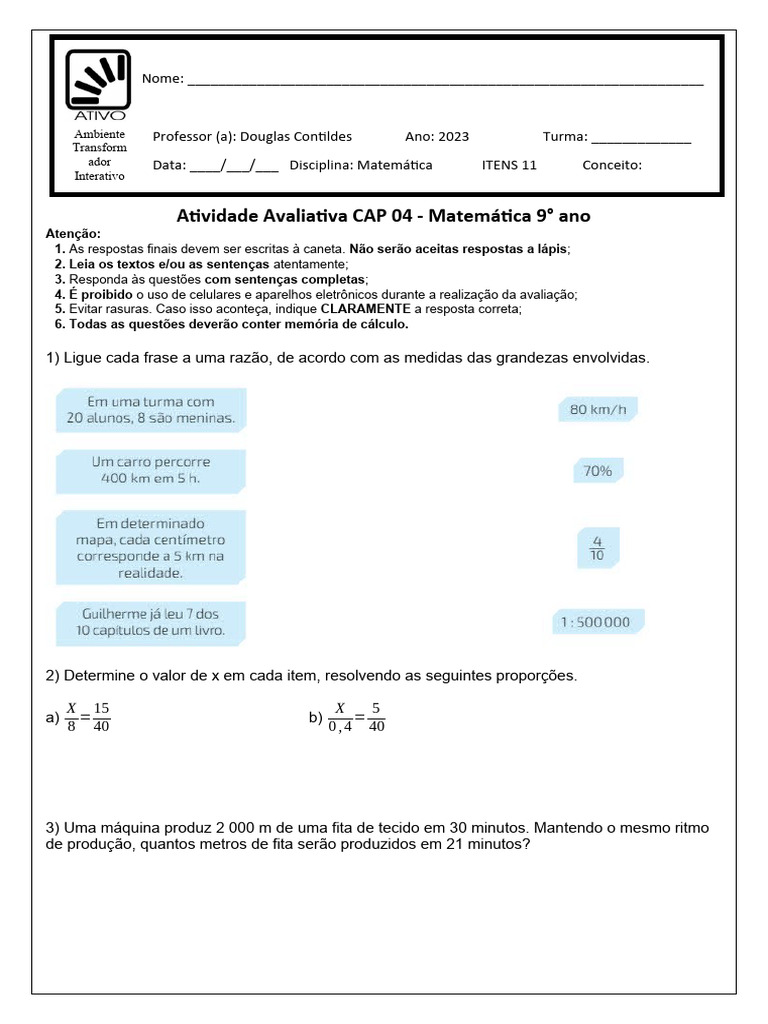 Atividade Avaliativa CAP 04 9° Ano | PDF | Métodos e Materiais de Ensino