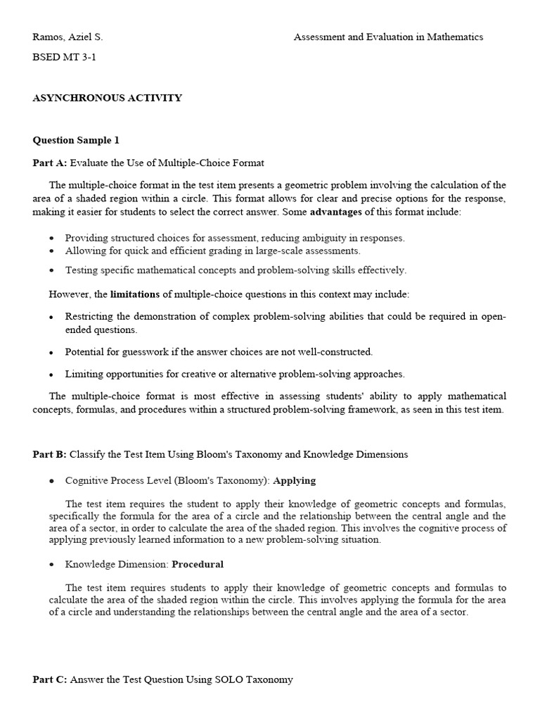 Assessment and Evaluation in Mathematics | PDF | Multiple Choice | Area